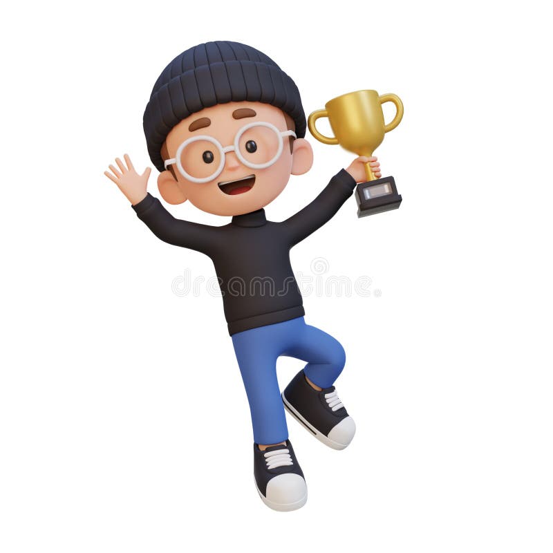 3D Kid Character Celebrating Win Holding a Trophy Stock Photo ...