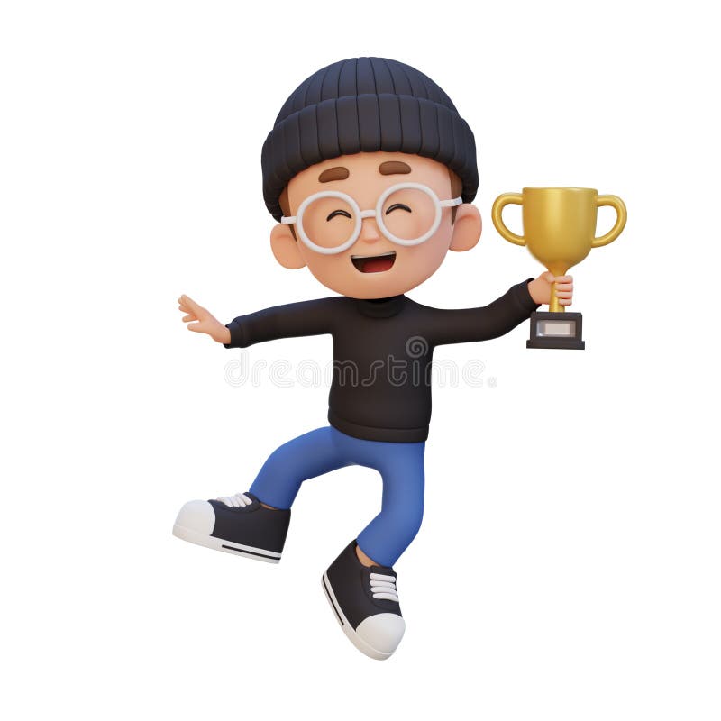 3D Kid Character Celebrating Win Holding a Trophy Stock Image ...