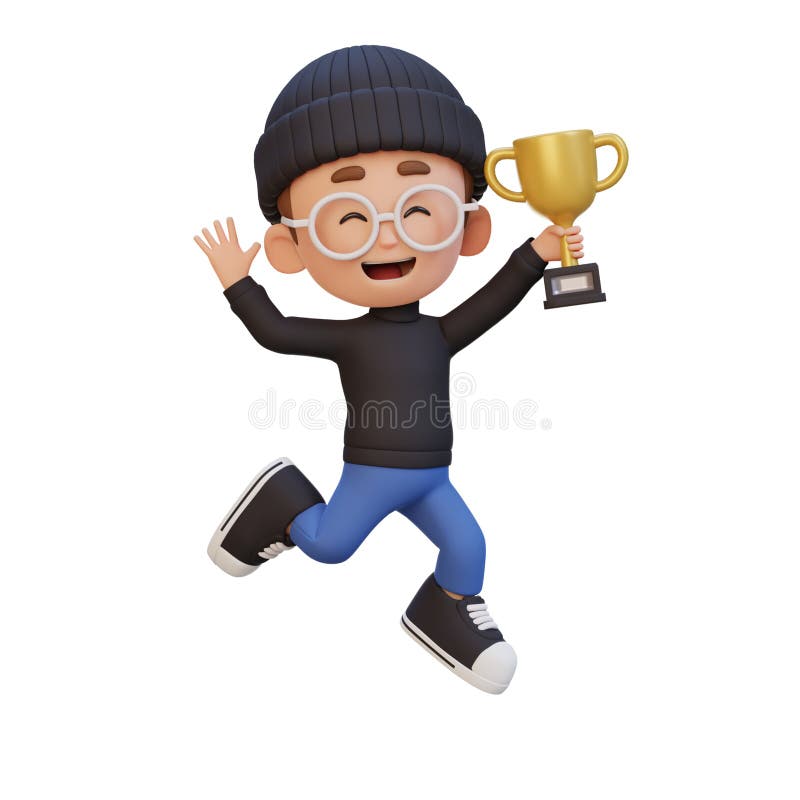 3D Kid Character Celebrating Win Holding a Trophy Stock Image ...