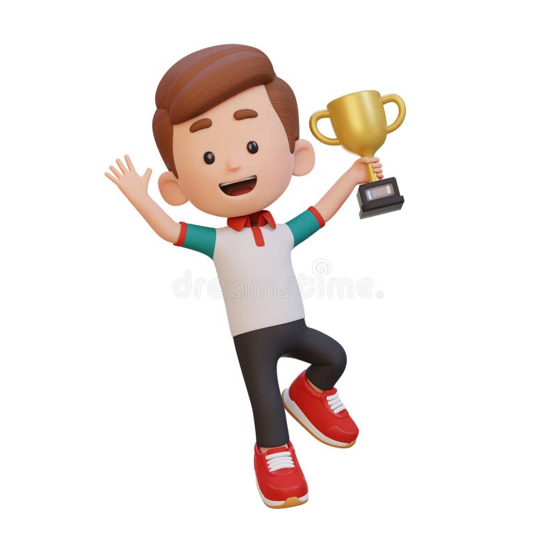 3D Kid Character Celebrating Win Holding a Trophy Stock Image ...