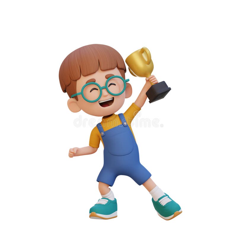 3D Kid Character Celebrating Win Holding a Trophy Stock Photo ...