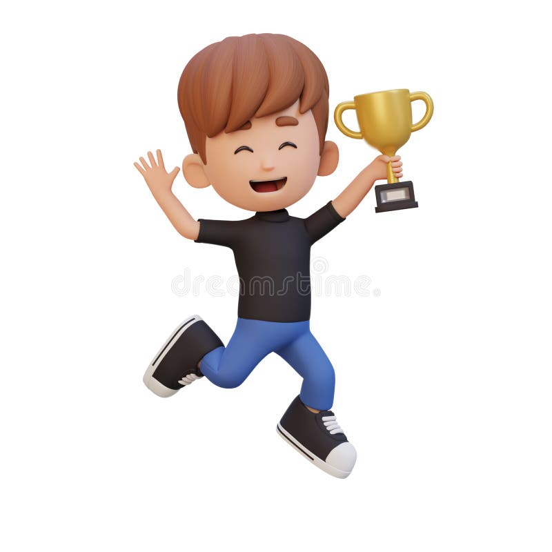 3D Kid Character Celebrating Win Holding a Trophy Stock Image ...