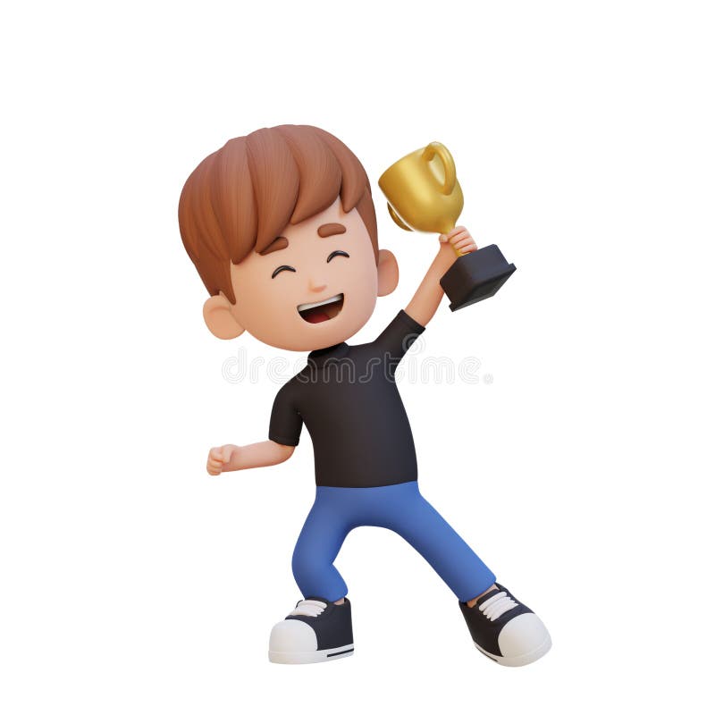 3D Kid Character Celebrating Win Holding a Trophy Stock Image ...