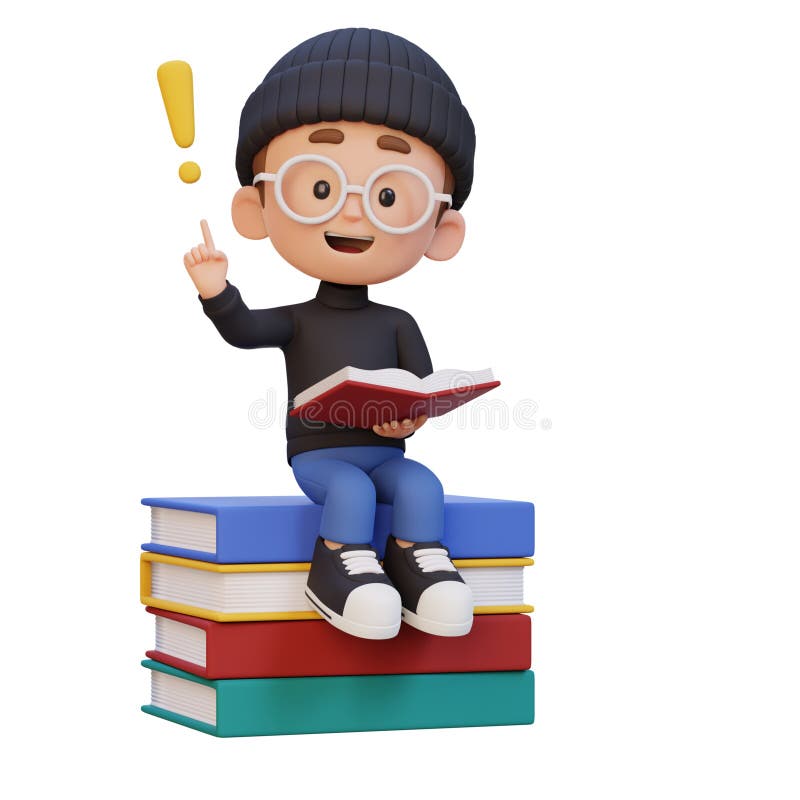 3D Kid Character Get an Idea when Reading a Book Stock Photo ...