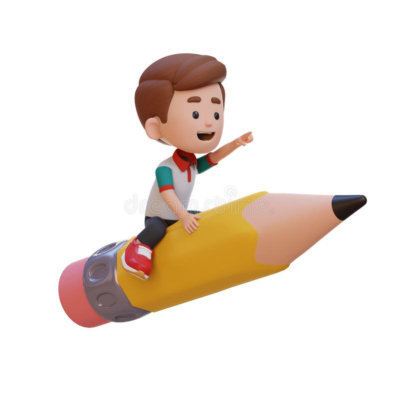 3D Kid Character Riding a Pencil and Pointing Hand Stock Photo ...