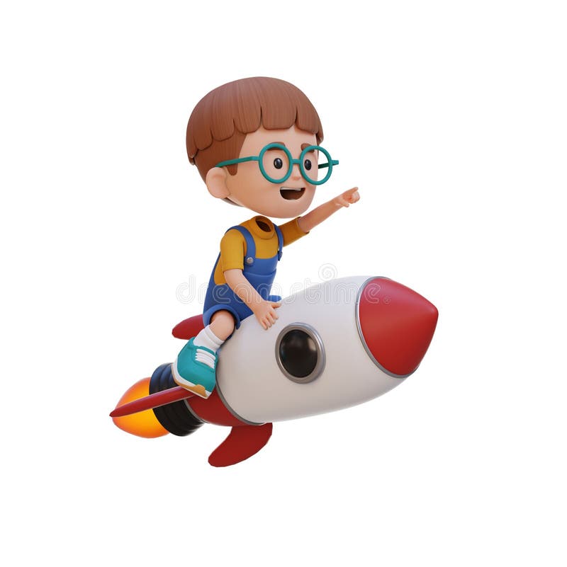 3D Kid Character Riding a Rocket and Pointing Hand Stock Image ...