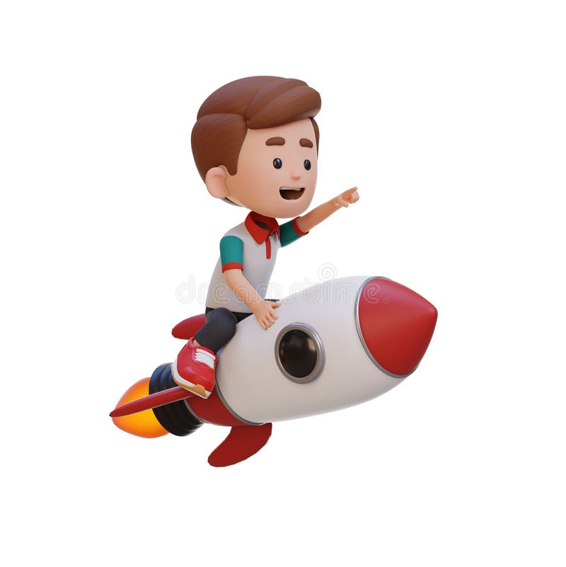 3D Kid Character Riding a Rocket and Pointing Hand Stock Image ...