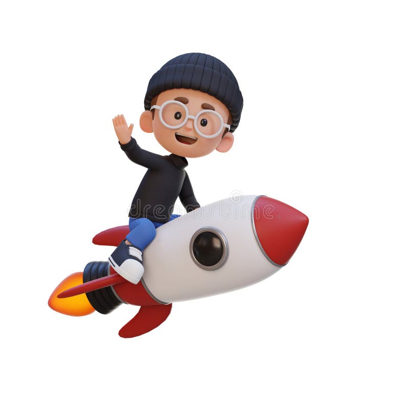 3D Kid Character Riding a Rocket and Waving Hand Stock Image ...