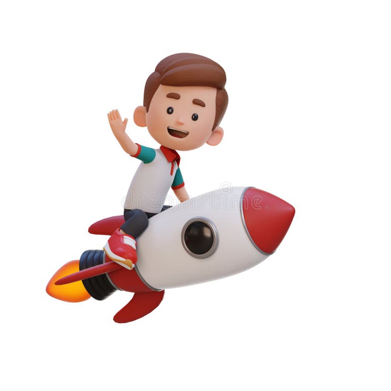 3D Kid Character Riding a Rocket and Waving Hand Stock Photo ...