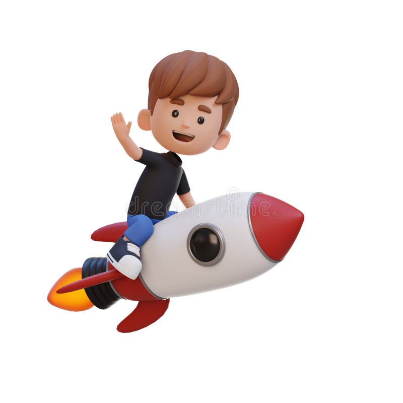 3D Kid Character Riding a Rocket and Waving Hand Stock Photo ...