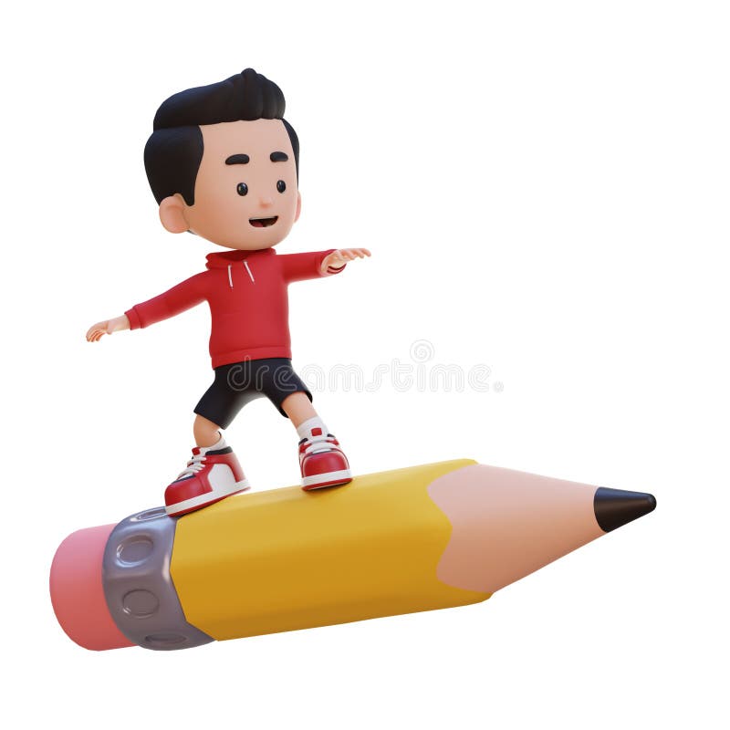 3D Kid Character Standing Riding a Pencil Stock Image - Illustration of ...