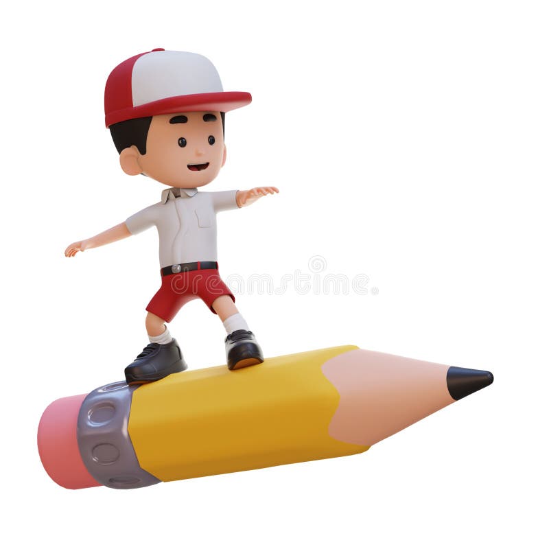 3D Kid Character Standing Riding a Pencil Stock Photo - Illustration of ...