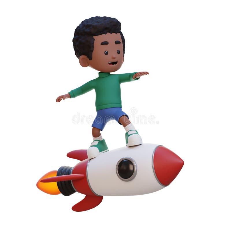 3D Kid Character Standing Riding a Rocket Stock Image - Illustration of ...