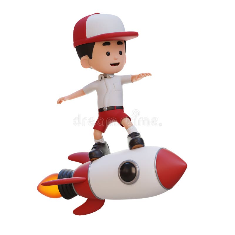 3D Kid Character Standing Riding a Rocket Stock Image - Illustration of ...
