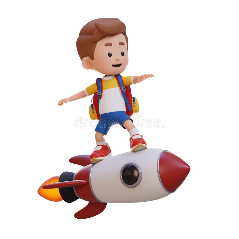 3D Kid Character Standing Riding a Rocket Stock Photo - Illustration of ...