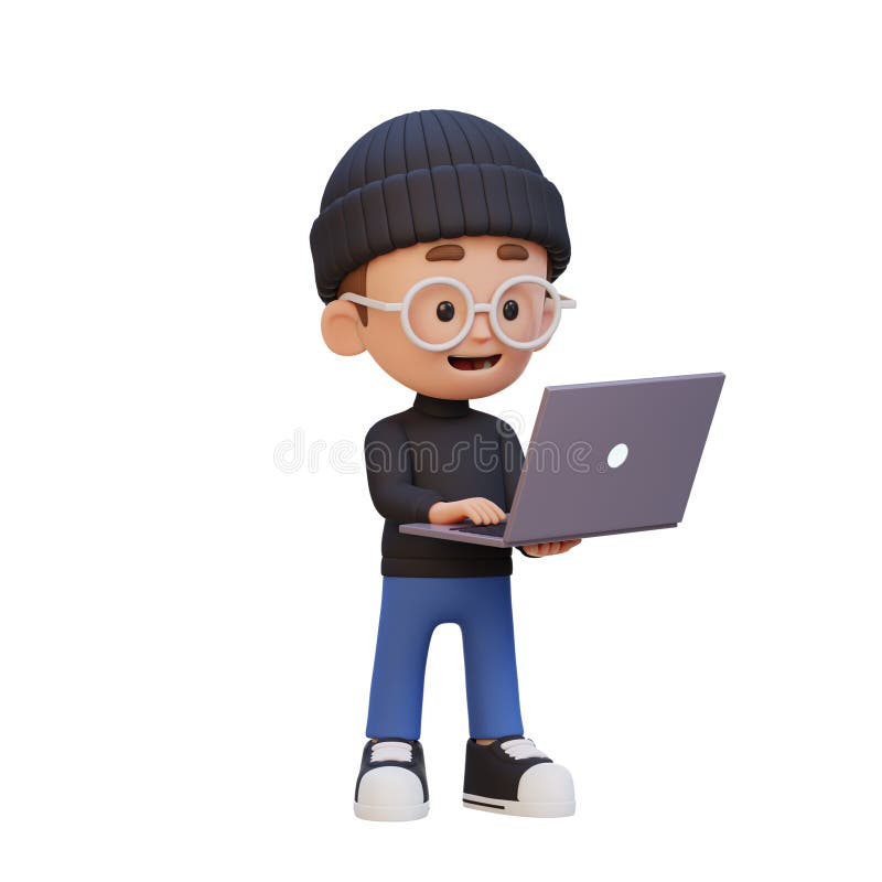 3D Kid Character Working on a Laptop Stock Image - Illustration of ...