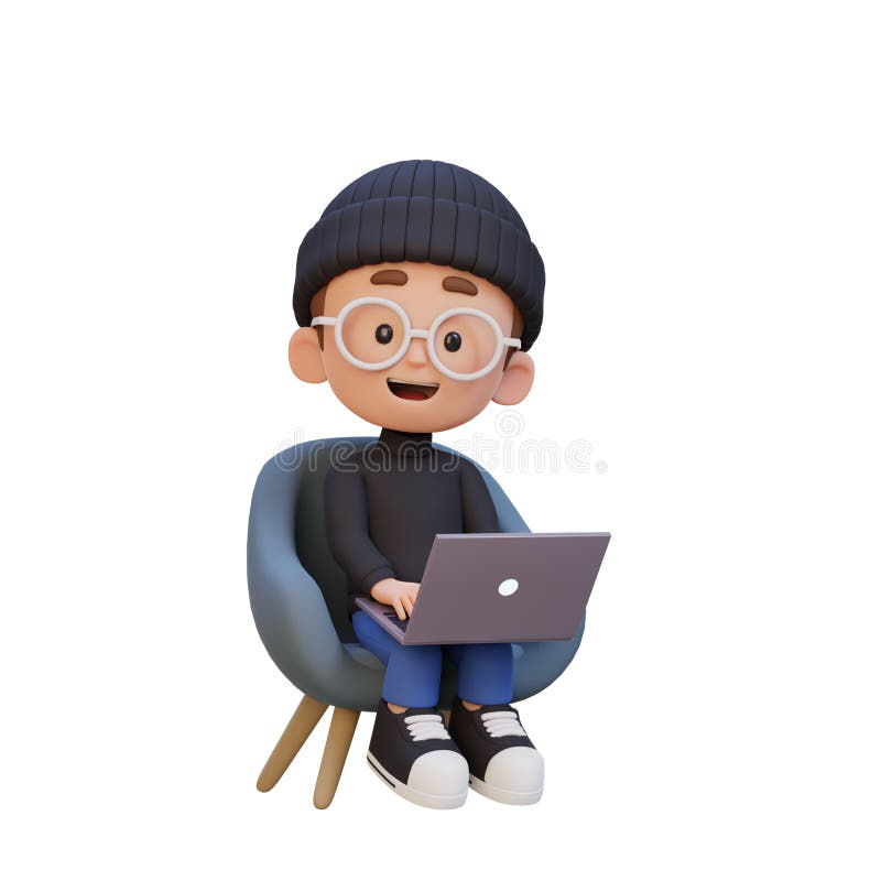 3D Kid Character Working on a Laptop Stock Photo - Illustration of ...