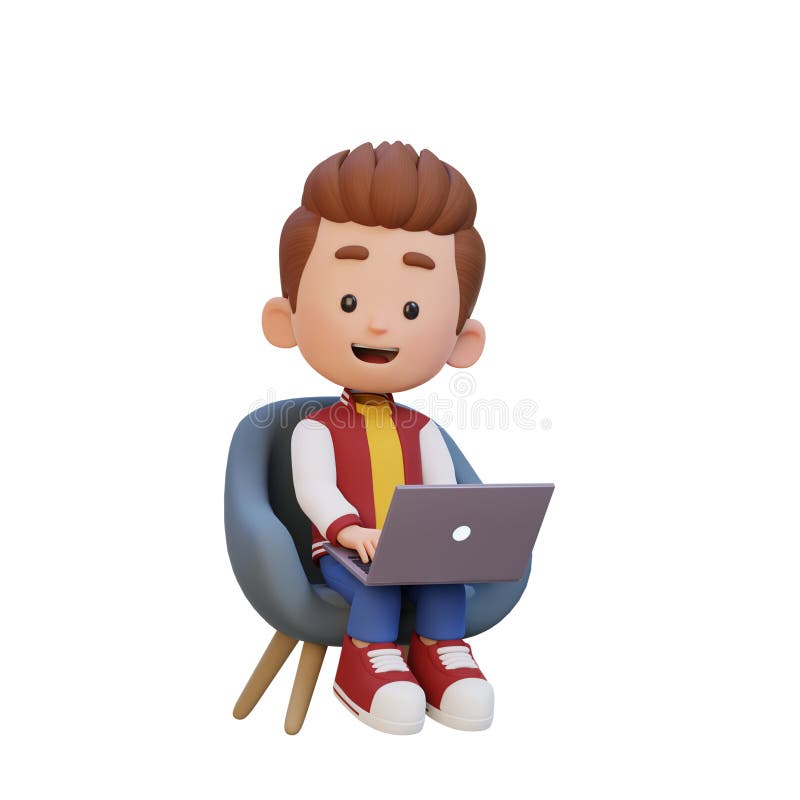 3D Kid Character Working on a Laptop Stock Photo - Illustration of ...