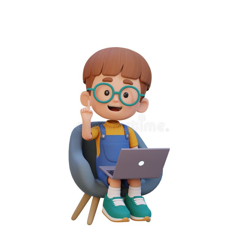3D Kid Character Working on a Laptop Stock Image - Illustration of ...