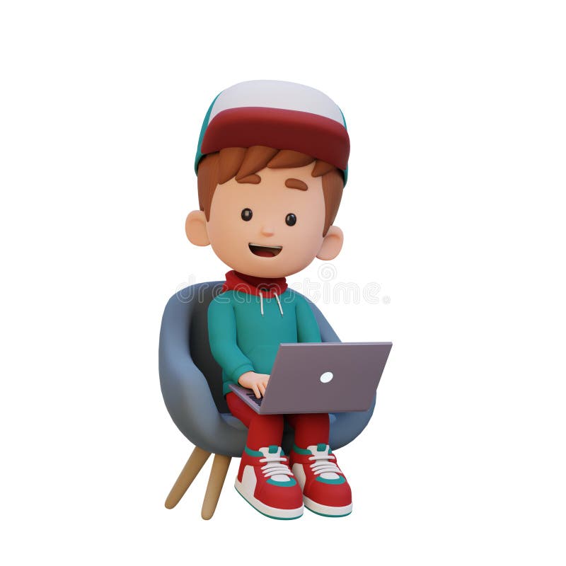 3D Kid Character Working on a Laptop Stock Image - Illustration of ...