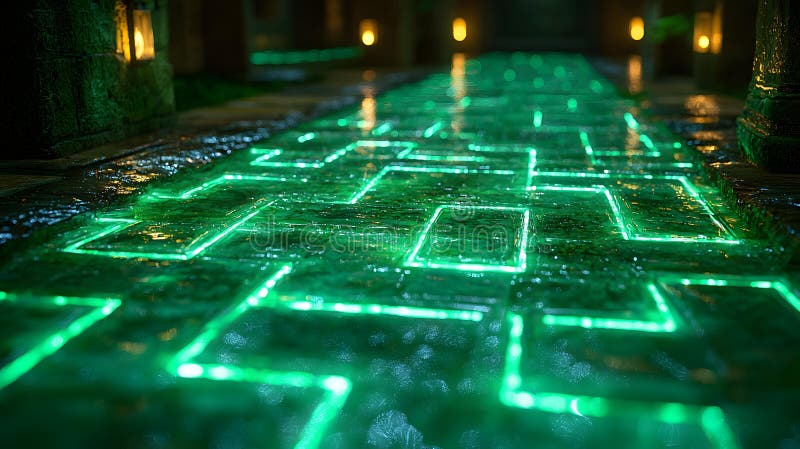 3D Labyrinth Floor Pattern Made of Translucent Gel Tiles with Glowing ...