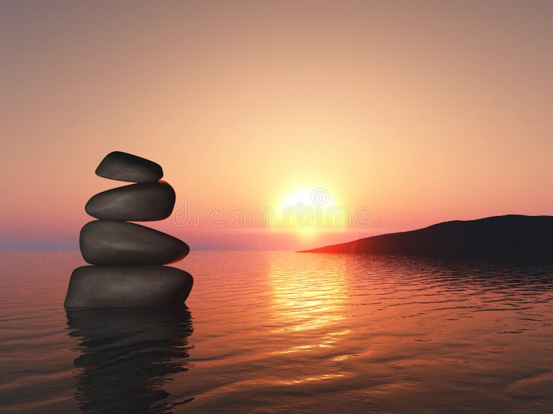 3D Landscape with Balancing Pebbles in Sunset Sea Stock Illustration ...