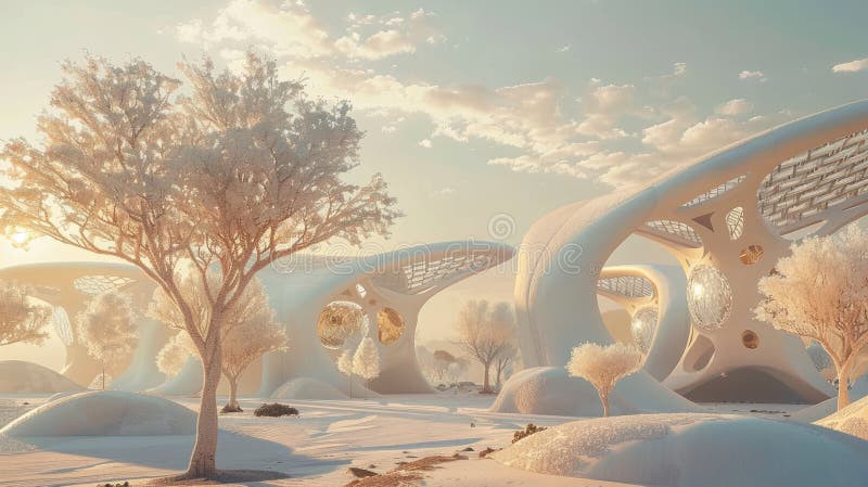 3D Landscape Featuring a Futuristic Desert Oasis, Holographic Trees ...
