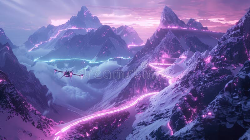3D Landscape with Majestic Futuristic Mountains, Neon-lit Pathways, and ...