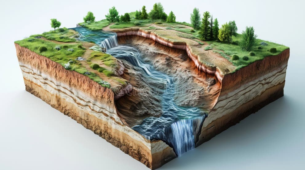 3D Landscape Model with River, Waterfall, and Vegetation Stock Image ...