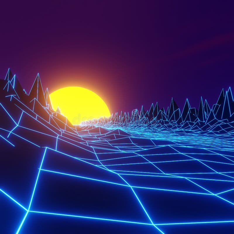3d Landscape with Neon Low Poly Mountains, and Sun. Stock Illustration ...