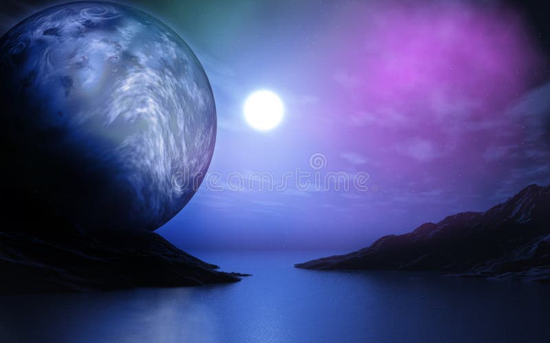 3D Landscape with Planet Over Lake Stock Illustration - Illustration of ...