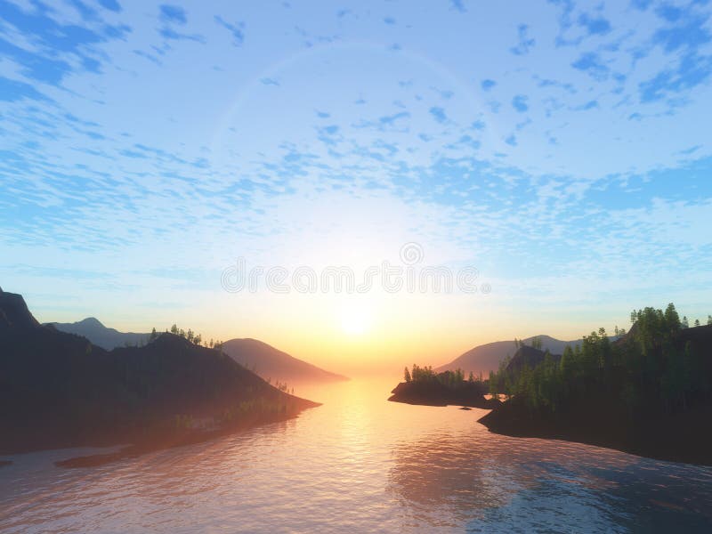 3D Landscape with Trees and Mountains Against a Sunset Sky Stock ...