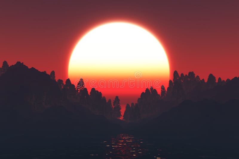 3D Landscape with Trees Silhouetted Against a Sunset Sky Stock ...
