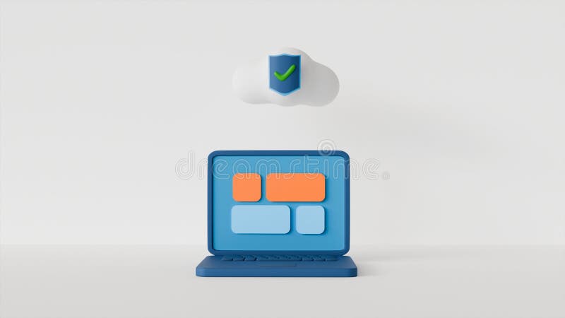 3d Laptop and Cloud Storage and Security Sign on White Background ...