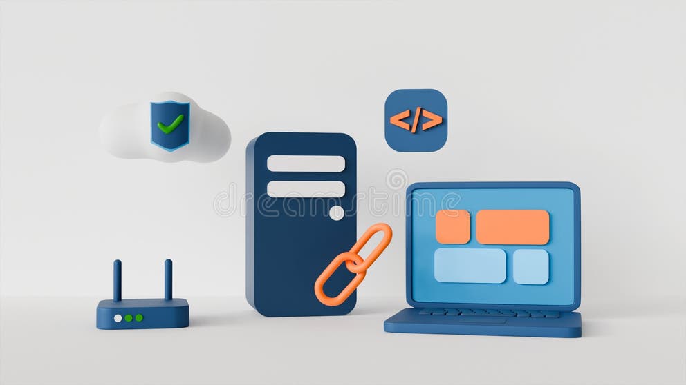 3D Laptop with Interface on Screen, Server, Router, Cloud Security and ...