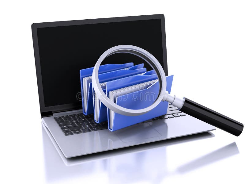 3d Laptop, Magnifying Glass and Computer Files Stock Illustration ...