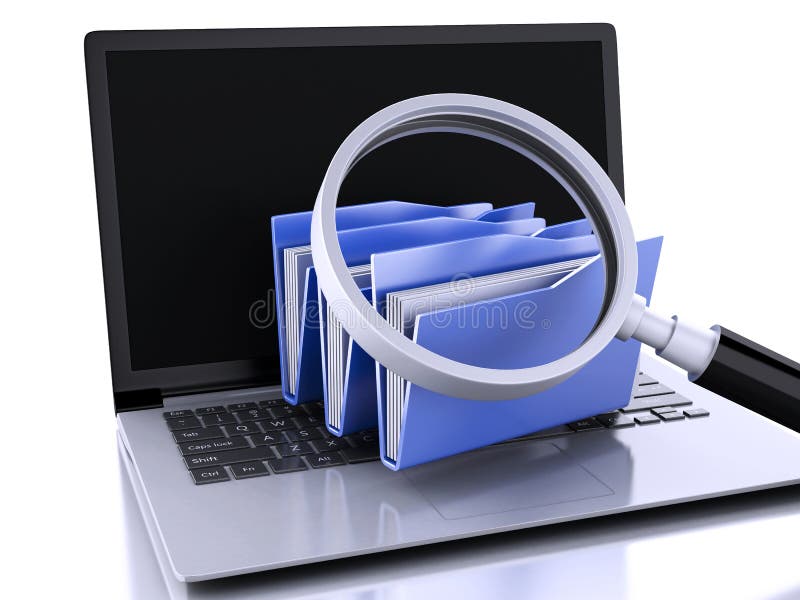 3d Laptop, Magnifying Glass and Computer Files Stock Illustration ...