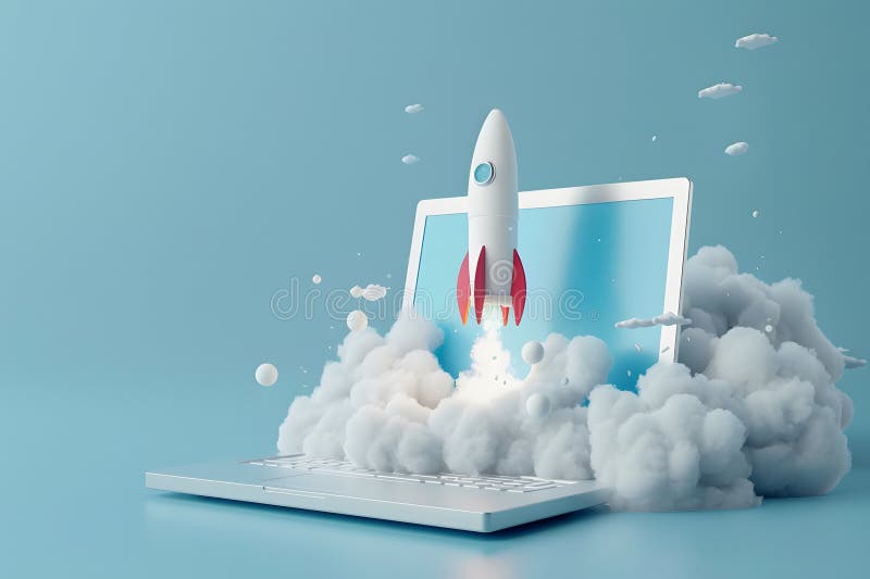 3D Laptop with Rocket Launch on Blue Background - AI Generated Stock ...