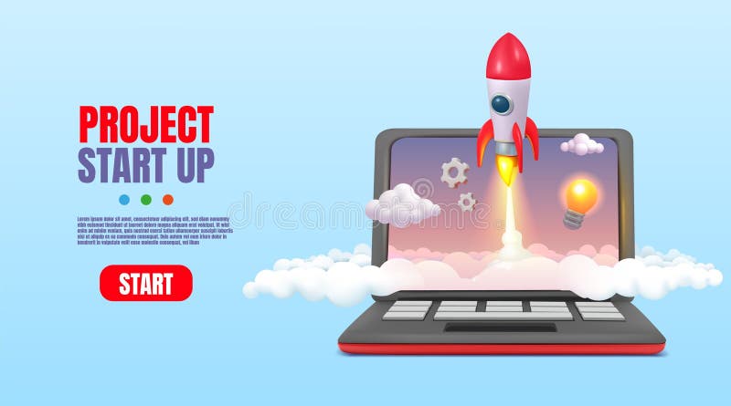 3d Laptop. Rocket Launch on Screen, Business Startup Start Banner for ...