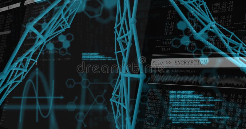 3D Lattice Structure Showing Encryption Progress Unfolding Alongside Code Panels and Hex ...