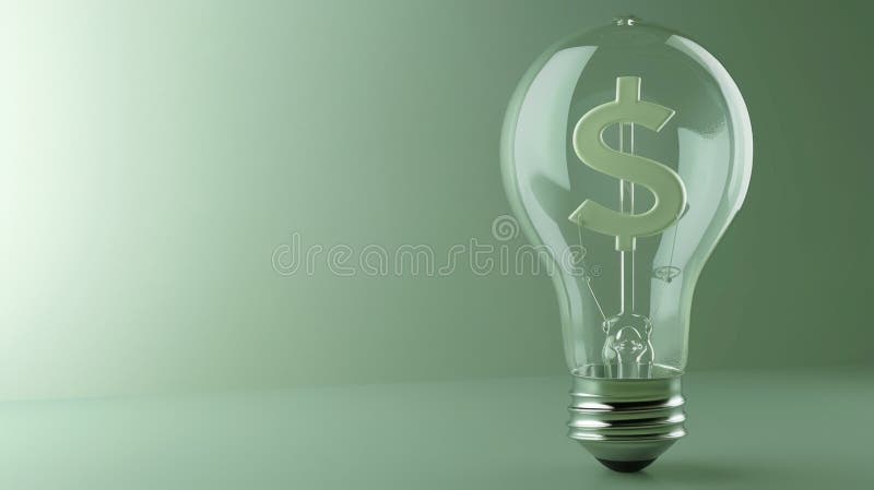 D Light Bulb with Dollar Sign Filament on Light Green Background Stock ...