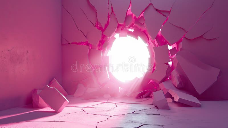 3d Light Hole on a Pink Broken Wall Stock Photo - Image of light, crack ...
