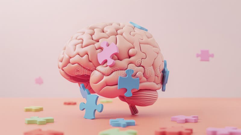 3D Light Pink Brain with Colorful Puzzle Pieces on Pastel Pink ...