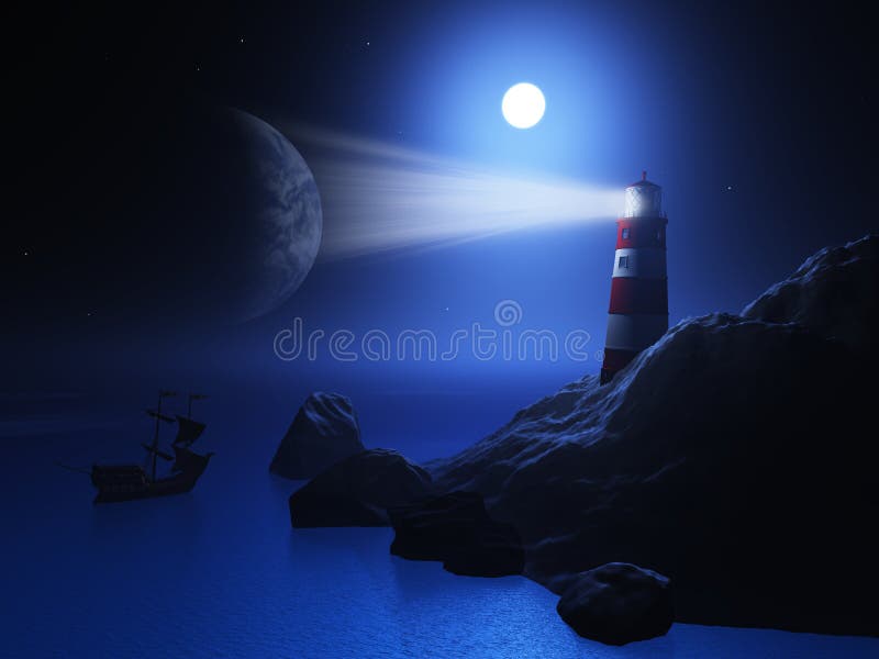 3D Lighthouse with Ship on Sea Stock Illustration - Illustration of ...