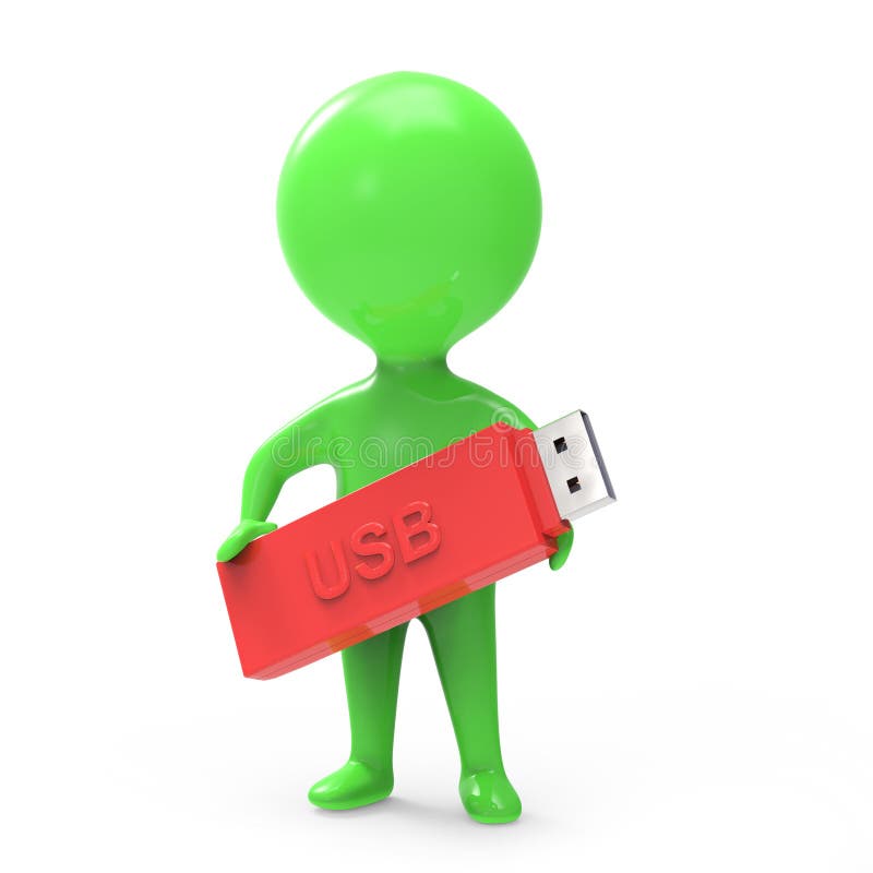 3d Little Green Man with a USB Stick Stock Illustration - Illustration ...