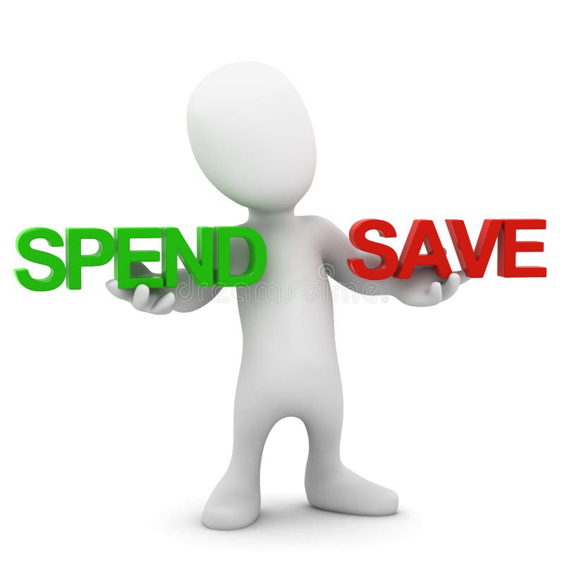 3d Little Man Chooses To Spend or Save Stock Illustration ...