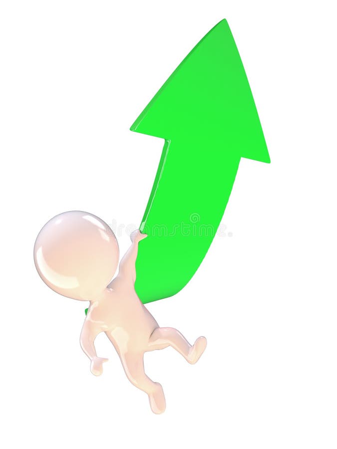 3d Little Man Hangs from a Green Upward Pointing Arrow Stock ...