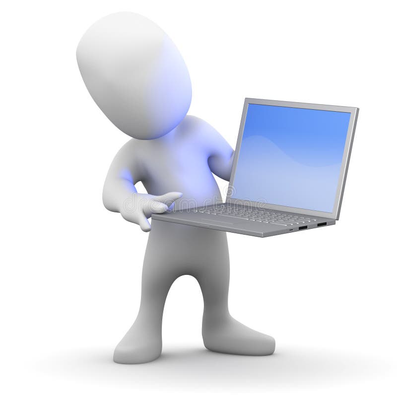 3d Little Man with a Laptop Pc Stock Illustration - Illustration of ...