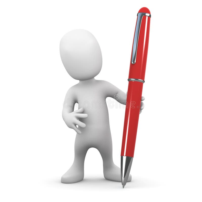 3d Little man with a pen stock illustration. Illustration of cartoon ...