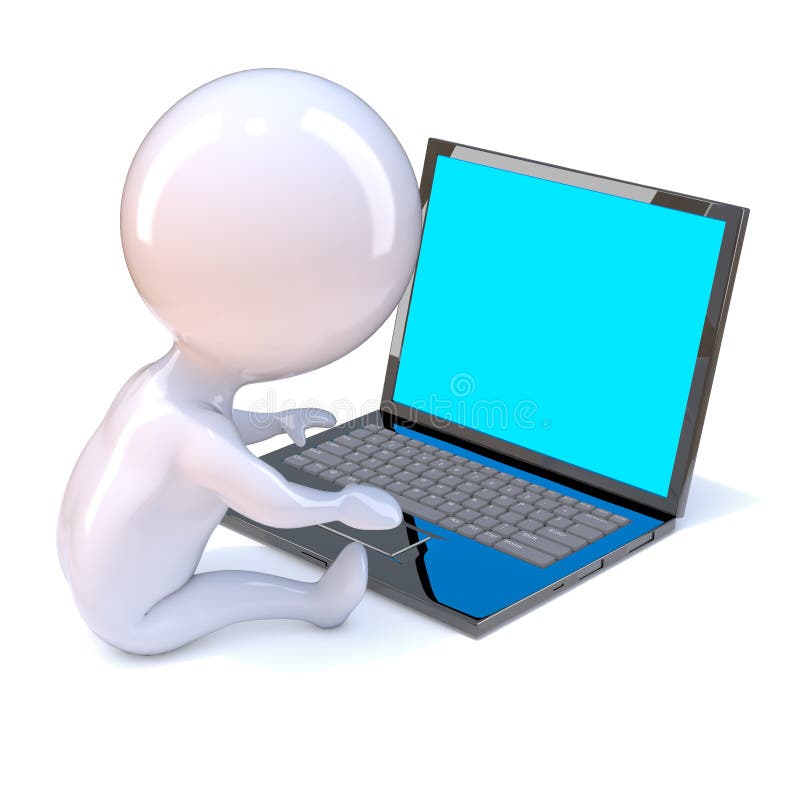 3d Little Man Works on His Laptop Oc Stock Illustration - Illustration ...